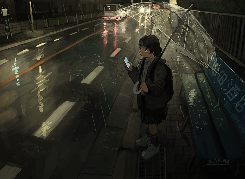 Safebooru - 1girl absurdres anko1127 artist name backpack bag bench black bag black coat black ...