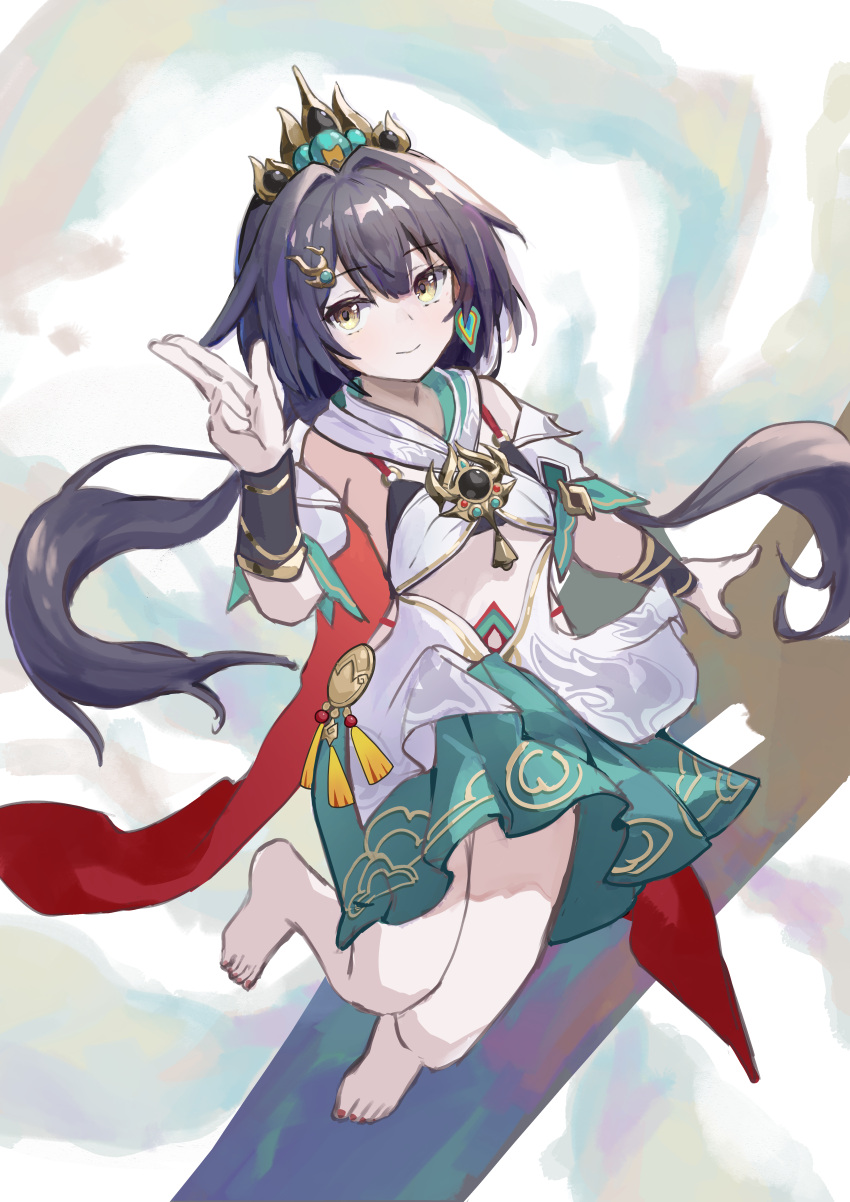 Safebooru - 1girl absurdres barefoot black hair hair ornament highres holding holding weapon ...