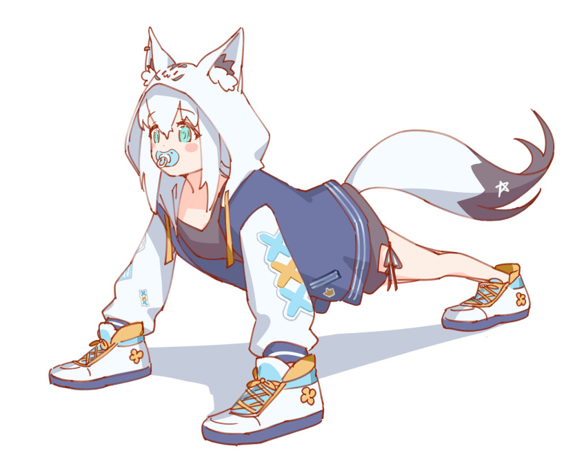 Safebooru - 1girl all fours animal ears aqua eyes black shirt blue jacket character hood double ...