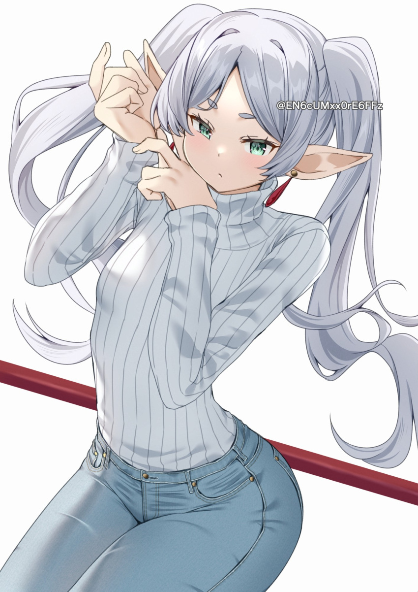 Safebooru - 1girl :/ alternate costume blue pants bluesky username blush breasts casual closed ...