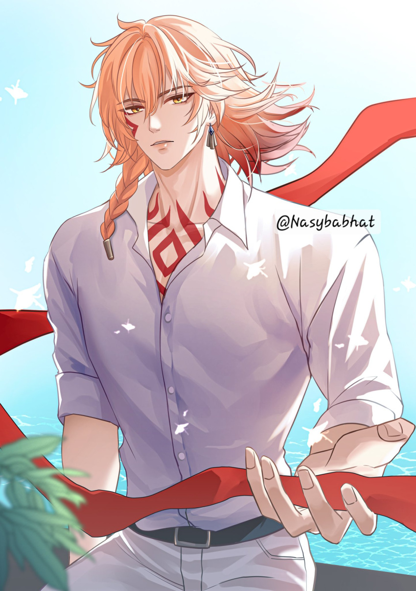 Safebooru - 1boy belt black belt blonde hair blue sky chest tattoo collared shirt earrings ...