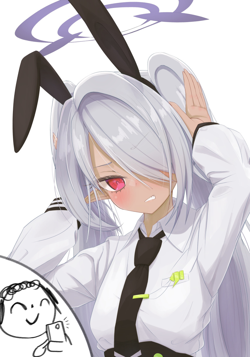 Safebooru - 1girl absurdres animal ears annoyed arms up black necktie ...