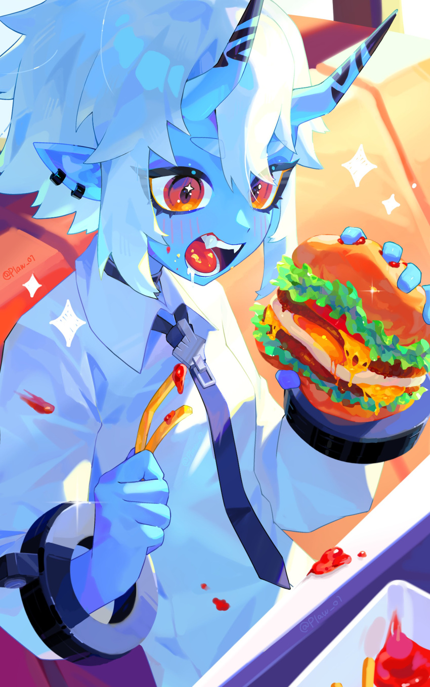 Safebooru - 1girl absurdres black necktie blue skin blush booth seating ...