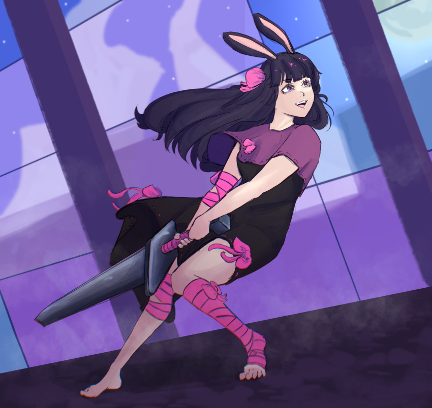 Safebooru - 1girl animal ears bandaged leg bandages barefoot black dress black hair blue sky bow ...