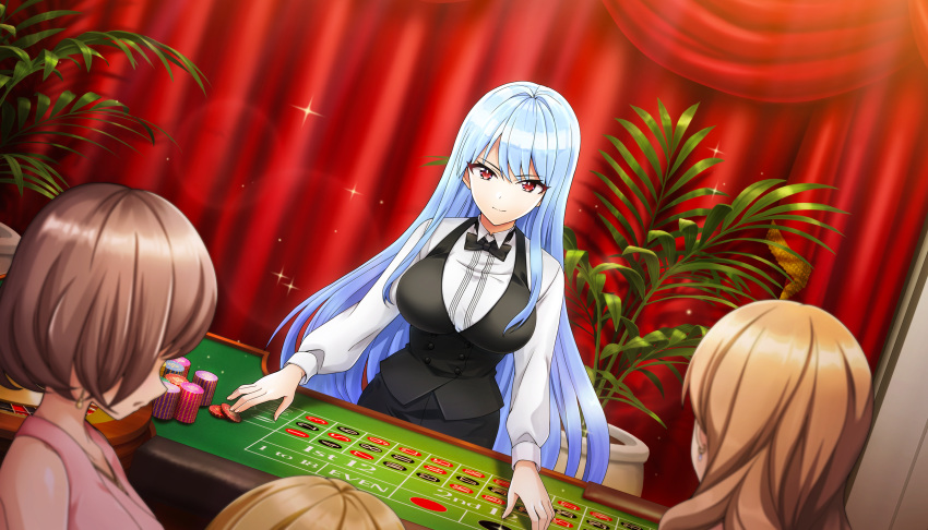 Safebooru - 1girl blue hair bow bowtie breasts buttons casino curtains dolphin wave game cg ...