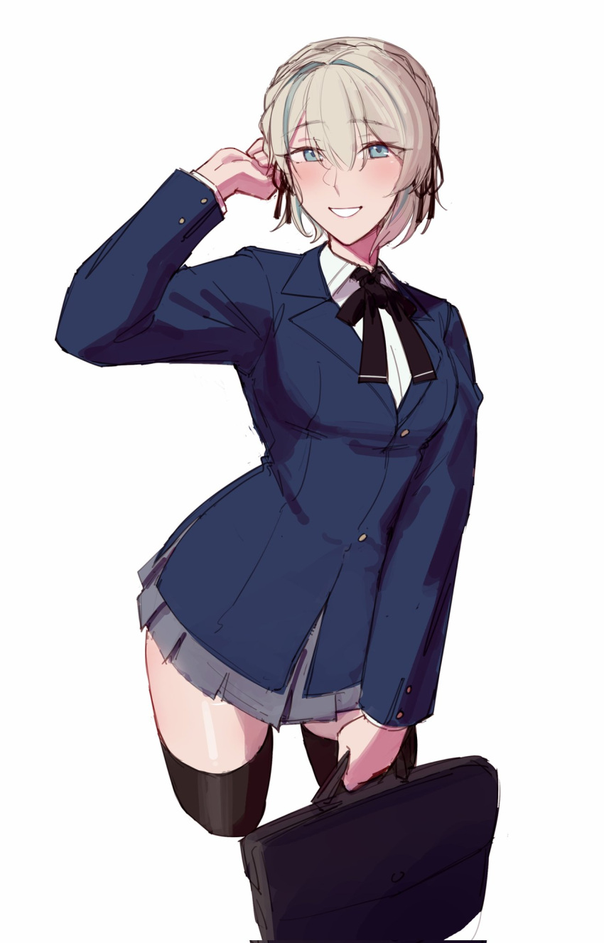 Safebooru - 1girl alternate hairstyle bag black ribbon black thighhighs blazer blue eyes blue ...