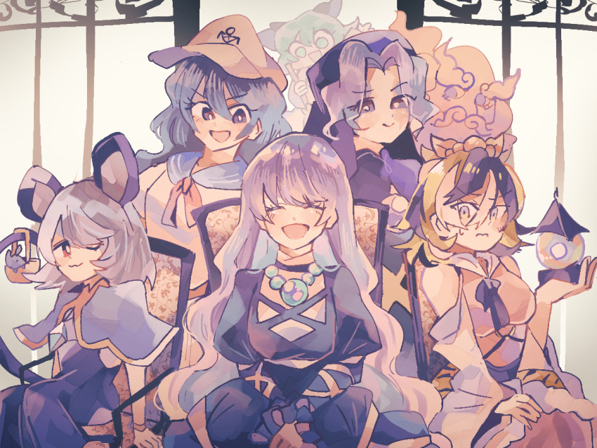 Safebooru - 1boy 6+girls animal ears animal print bishamonten's pagoda black dress black eyes ...