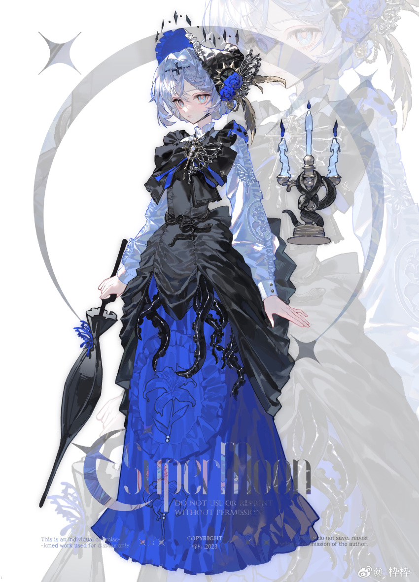 Safebooru - 1girl absurdres black dress black umbrella blue eyes blue flower blue rose candle ...
