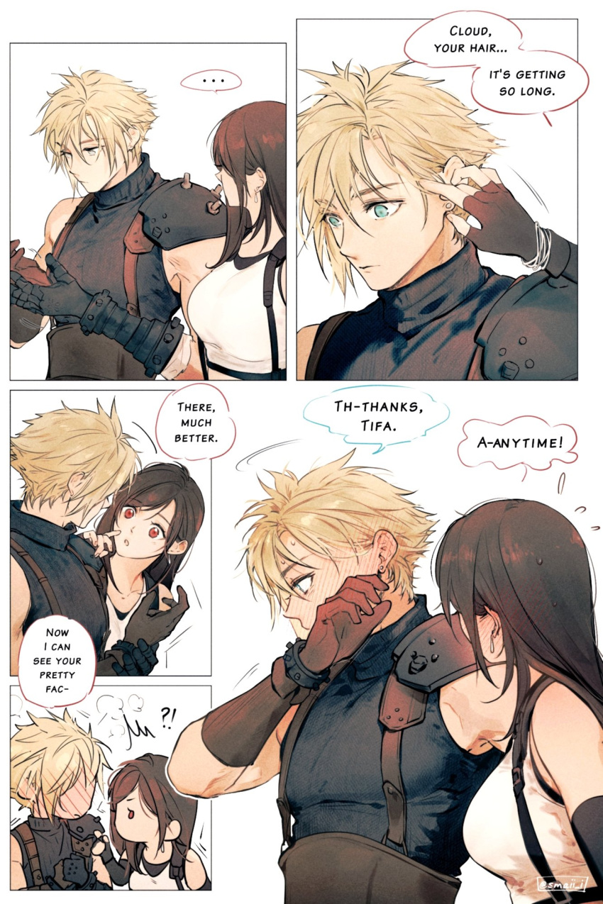 Safebooru - !? ... 1boy 1girl ^^^ adjusting another's hair armor bare shoulders black gloves ...