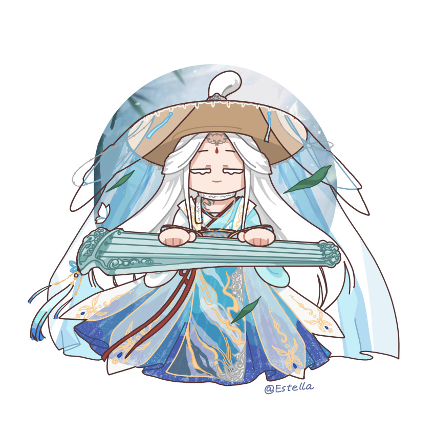 Safebooru - 1girl artist name bamboo blue hanfu blue veil brown hat ...