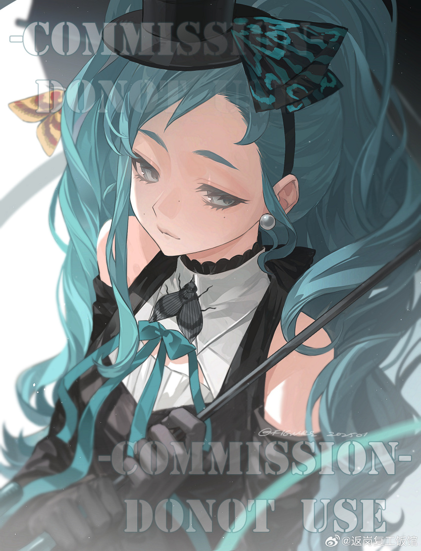 Safebooru - 1girl absurdres aqua hair bare shoulders black gloves bow bug earrings elbow gloves ...