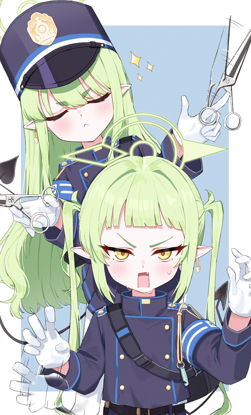 Safebooru - 2girls absurdres blue archive blue hat blue jacket buttons closed eyes fang gloves ...