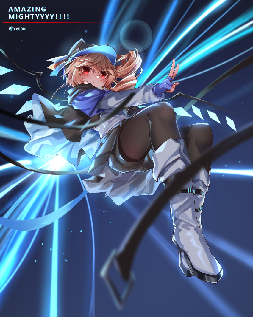 Safebooru - 1girl absurdres alternate costume black skirt blonde hair blue gloves boots closed ...