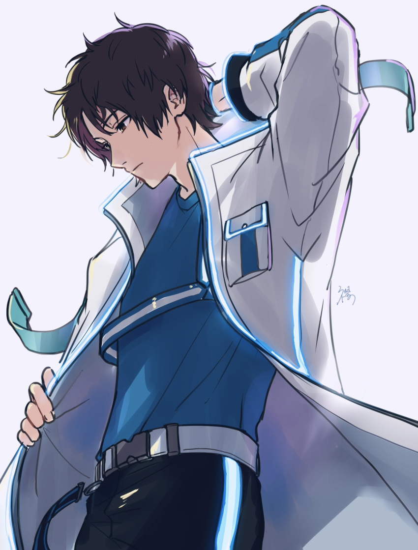 Safebooru - 1boy arm up belt black eyes black hair black pants blue shirt closed mouth coat ...