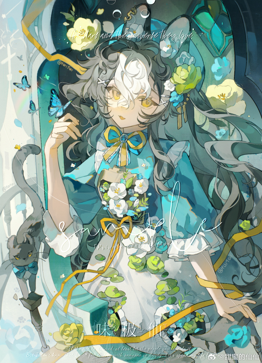 Safebooru - 1girl animal ears black hair blue butterfly bug butterfly dress flower frills hair ...