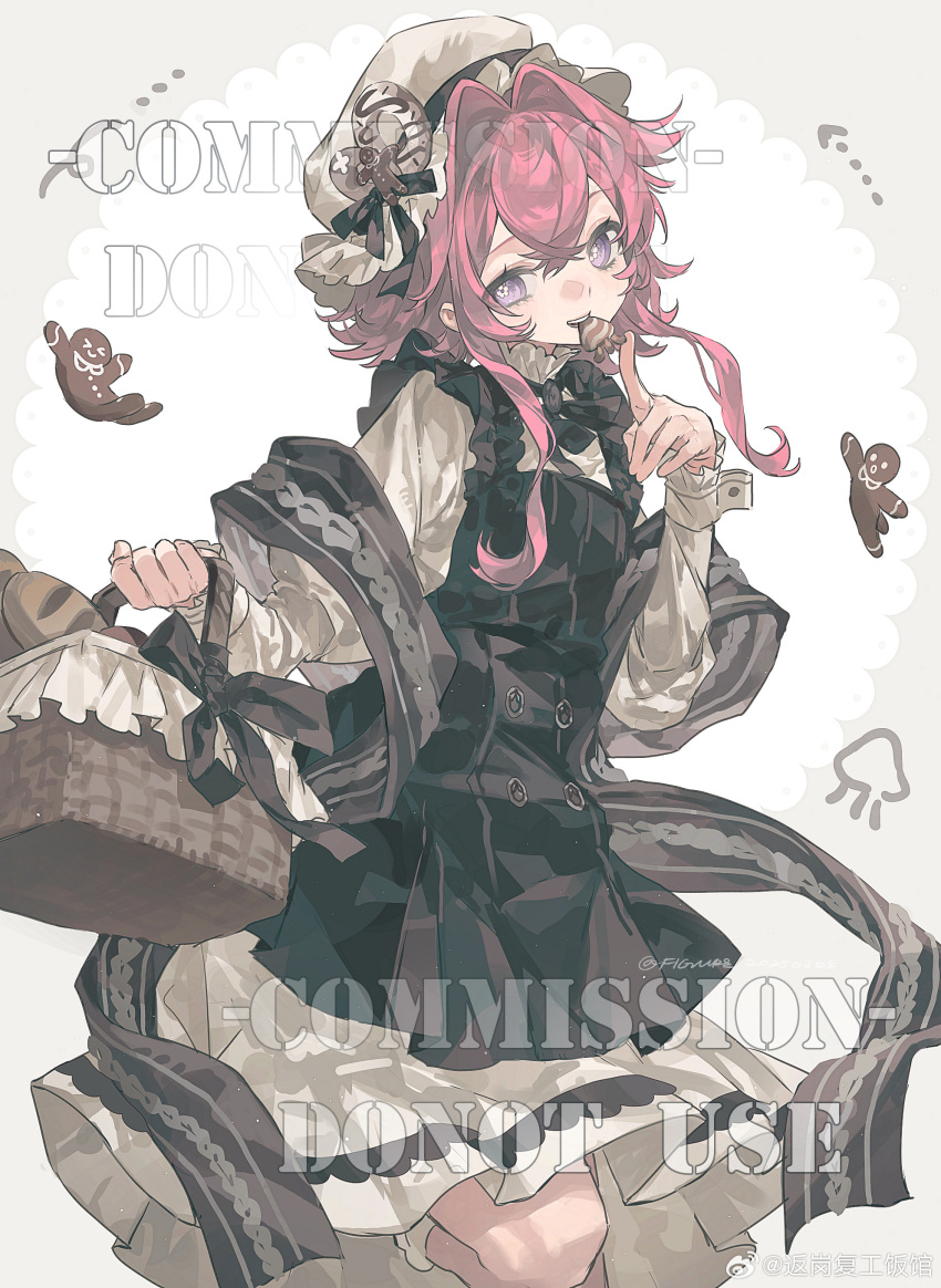 Safebooru - 1girl absurdres basket black bow black dress bow dress food hat highres holding long ...