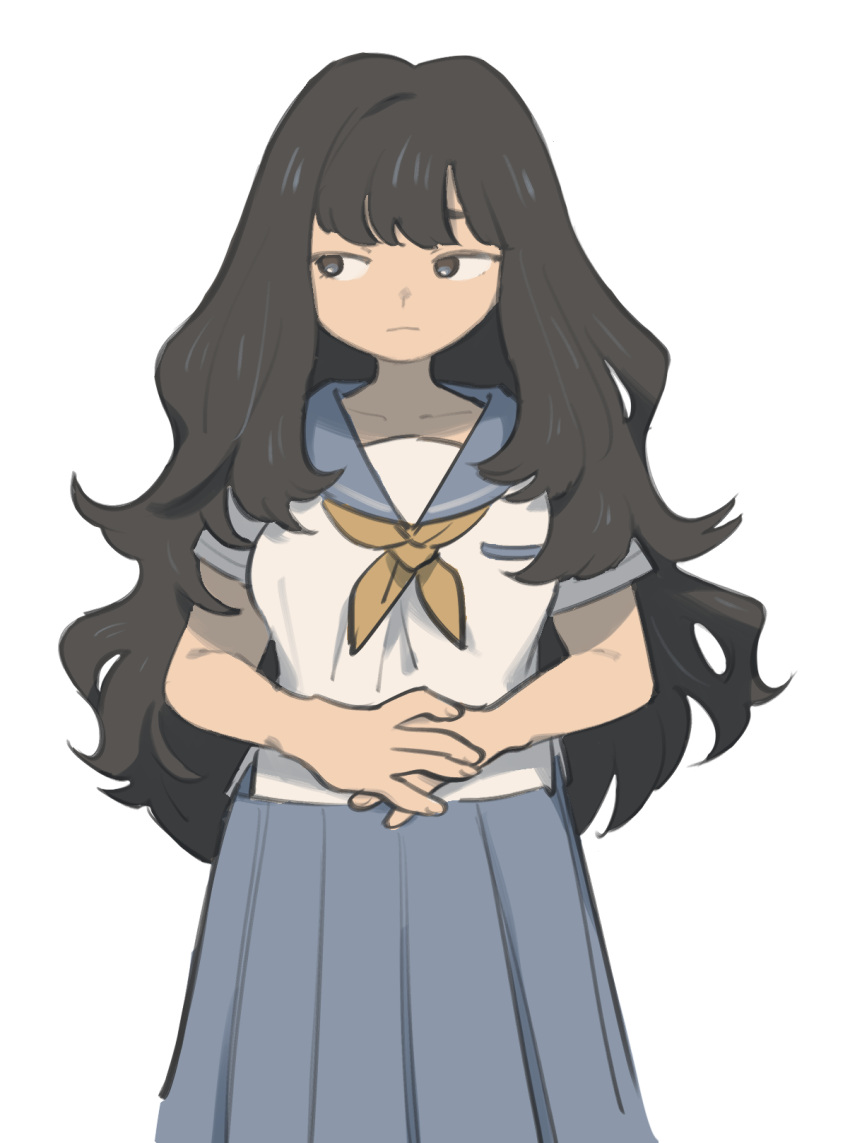 Safebooru - 1girl black eyes black hair blue sailor collar blue skirt breasts commentary request ...