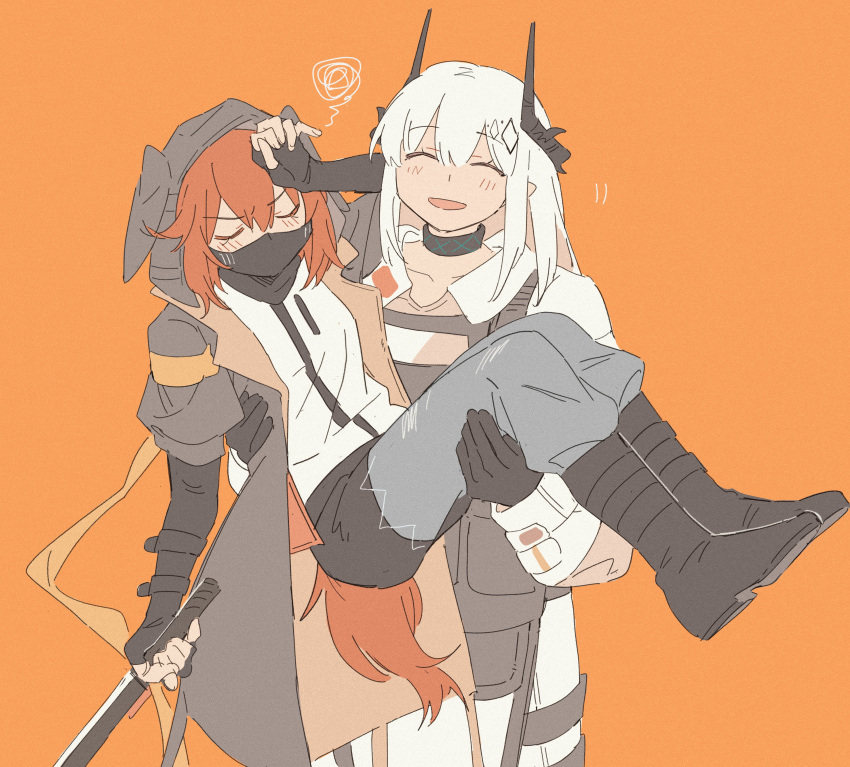 Safebooru - 2girls absurdres animal ear hood arknights black boots black coat black horns black ...