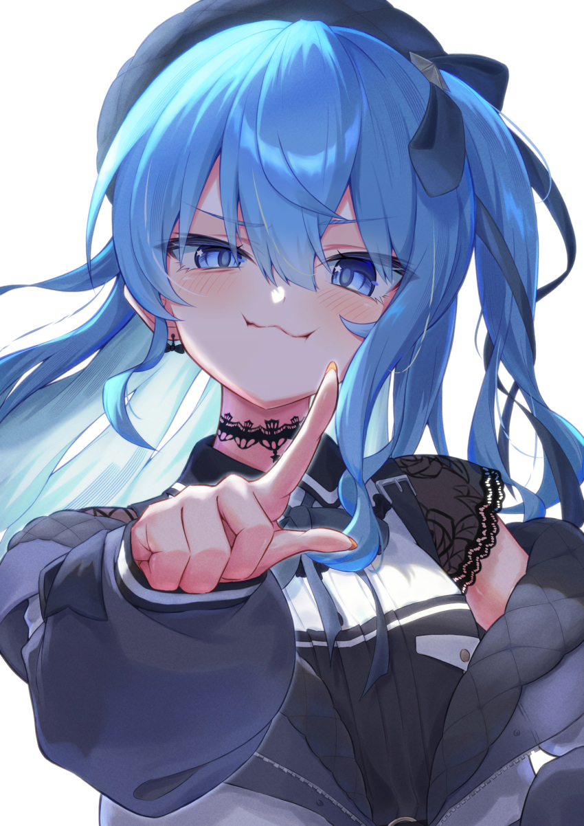 Safebooru - 1girl beret black choker black jacket black shirt blue eyes blue hair blue hat ...