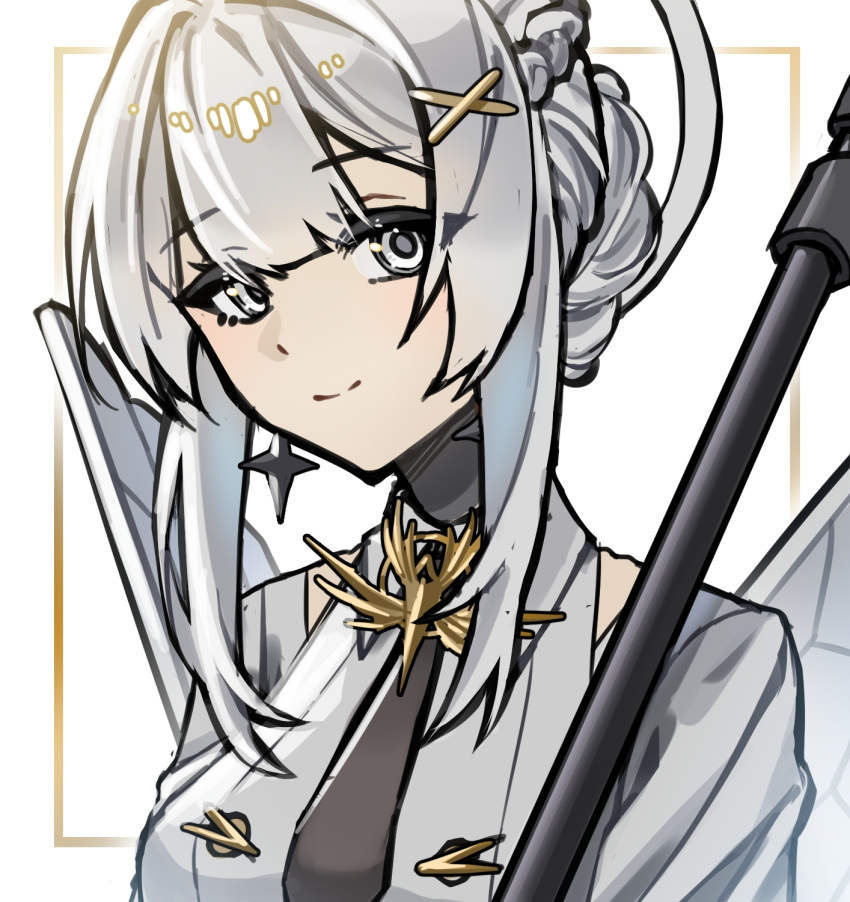 Safebooru - 1girl black necktie braid c0ffeenn closed mouth dress folded hair grey dress grey ...