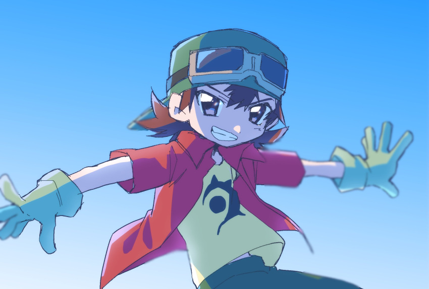 Safebooru - 1boy blue background brown hair cowboy shot digimon digimon ...