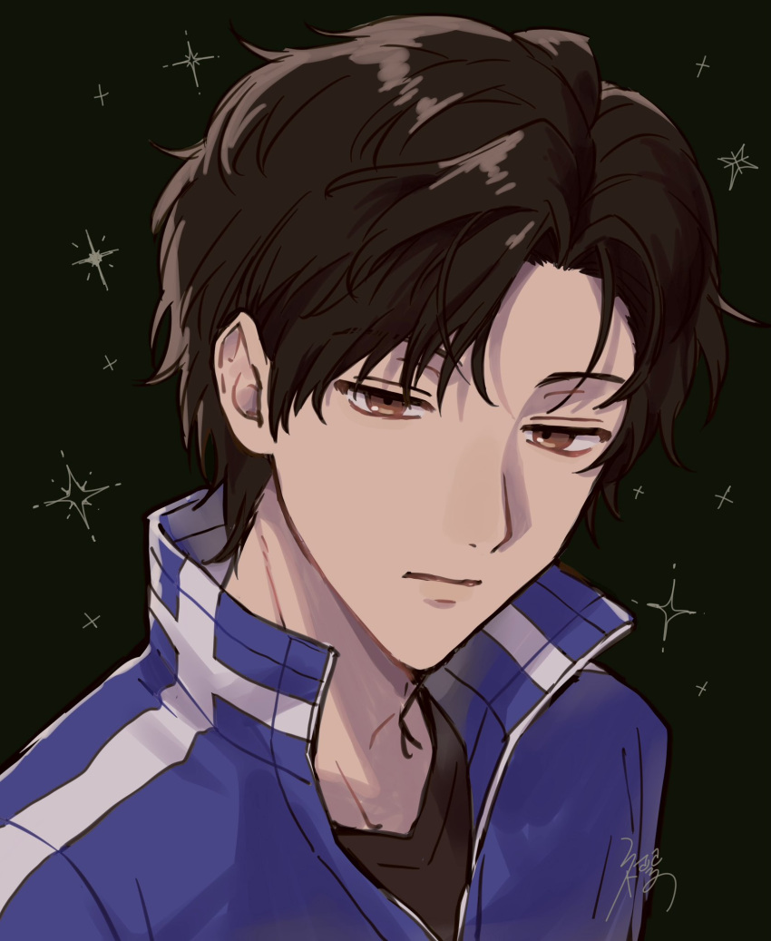 Safebooru - 1boy black background black eyes black hair black shirt blue jacket closed mouth ...