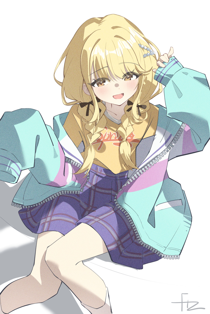 Safebooru - 1girl absurdres black ribbon blonde hair blue skirt blush braid commentary feet out ...