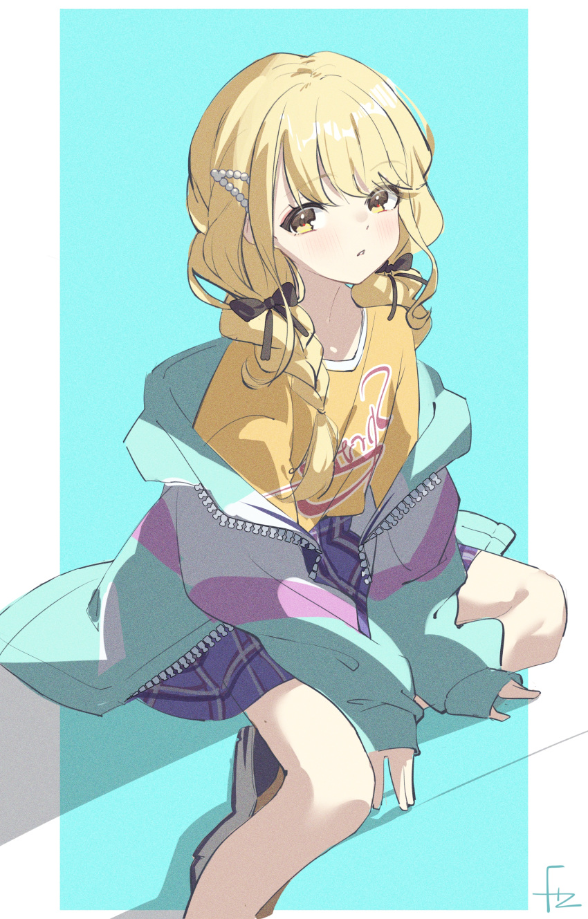 Safebooru - 1girl :o absurdres bare legs black ribbon blonde hair blue skirt border braid ...