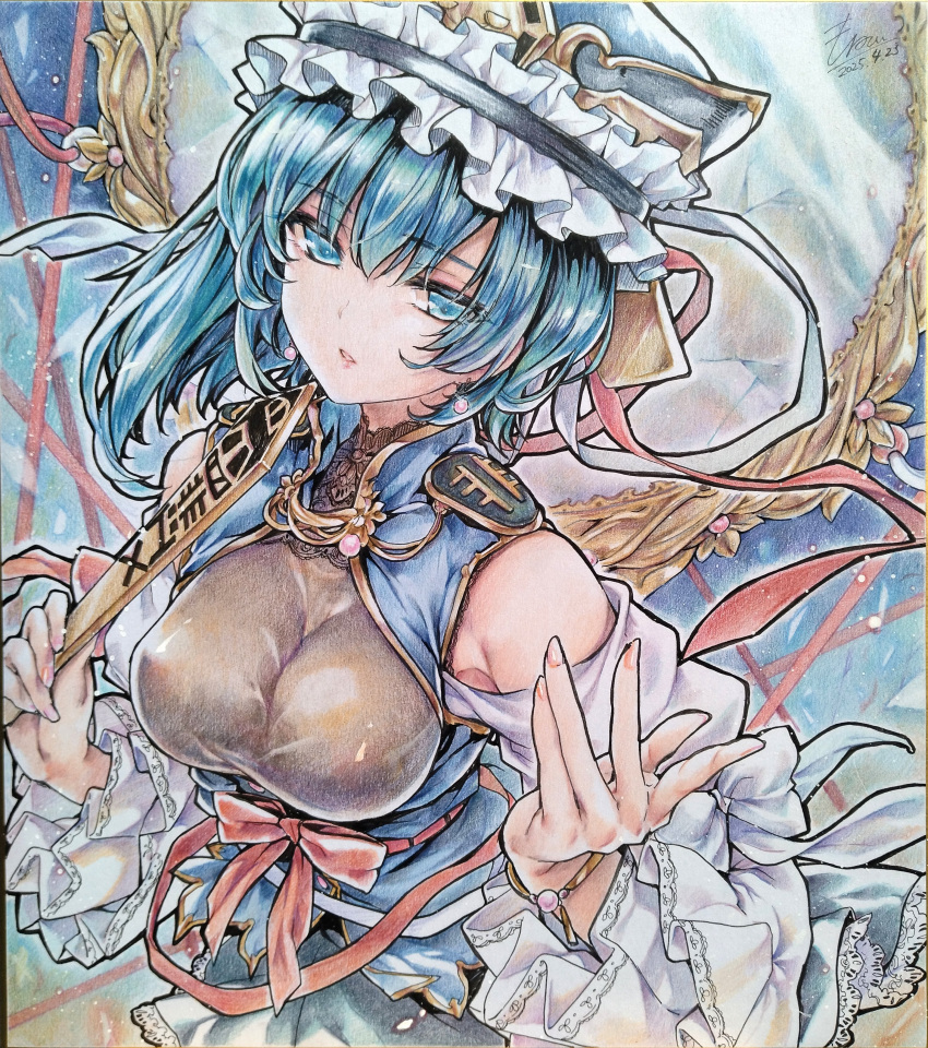 Safebooru - 1girl absurdres armpit crease asymmetrical hair bare shoulders blue vest covered ...