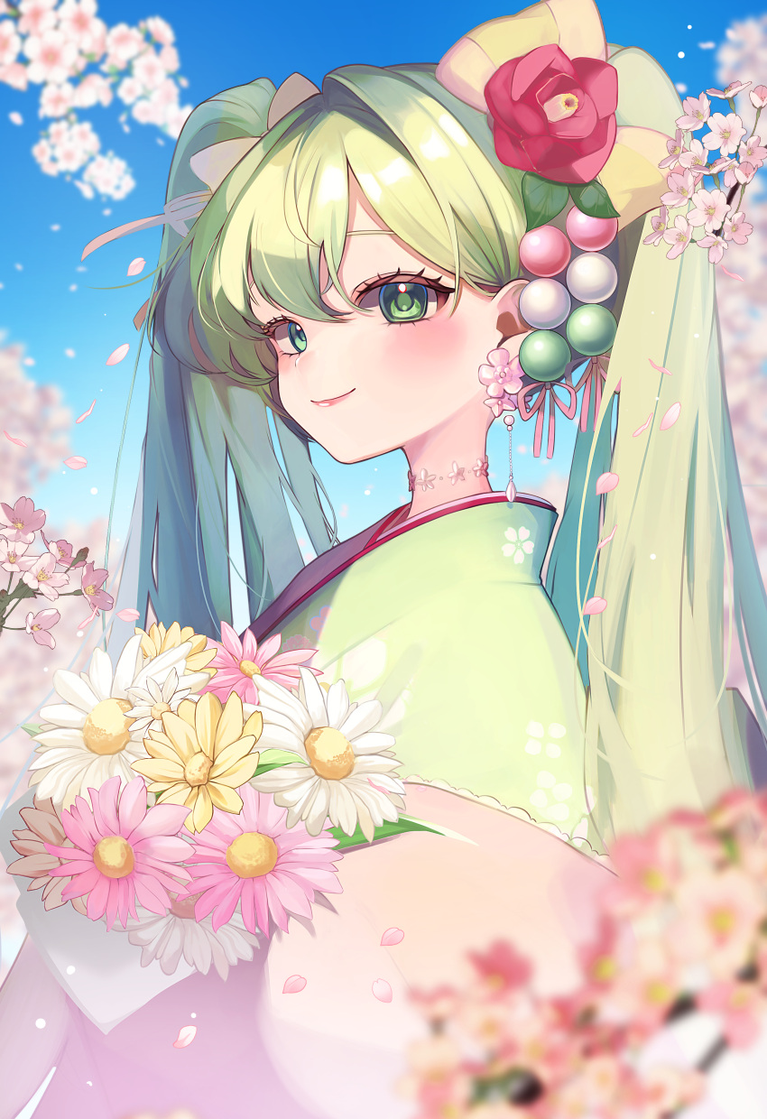 Safebooru - 1girl absurdres blurry blurry background blurry foreground blush bouquet bow cherry ...