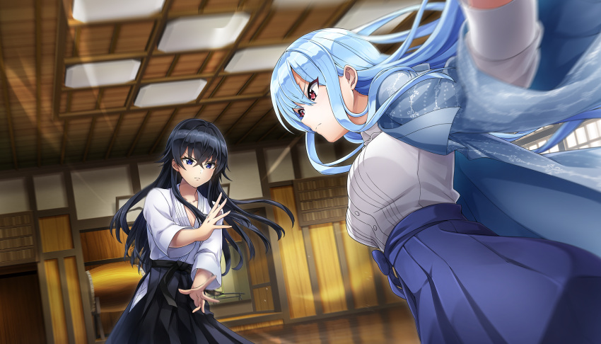 Safebooru - 2girls black hair black hakama blue eyes blue hair blue ...