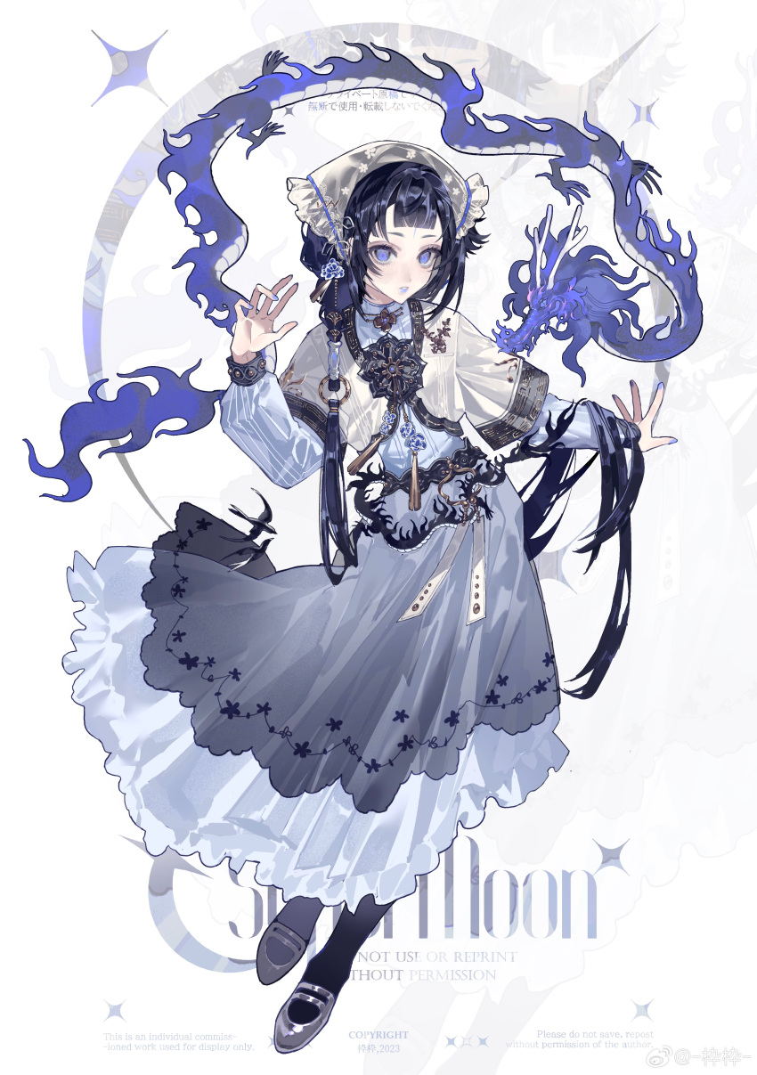 Safebooru - 1girl absurdres black hair blue eyes blue fire blunt bangs bonnet closed mouth dress ...
