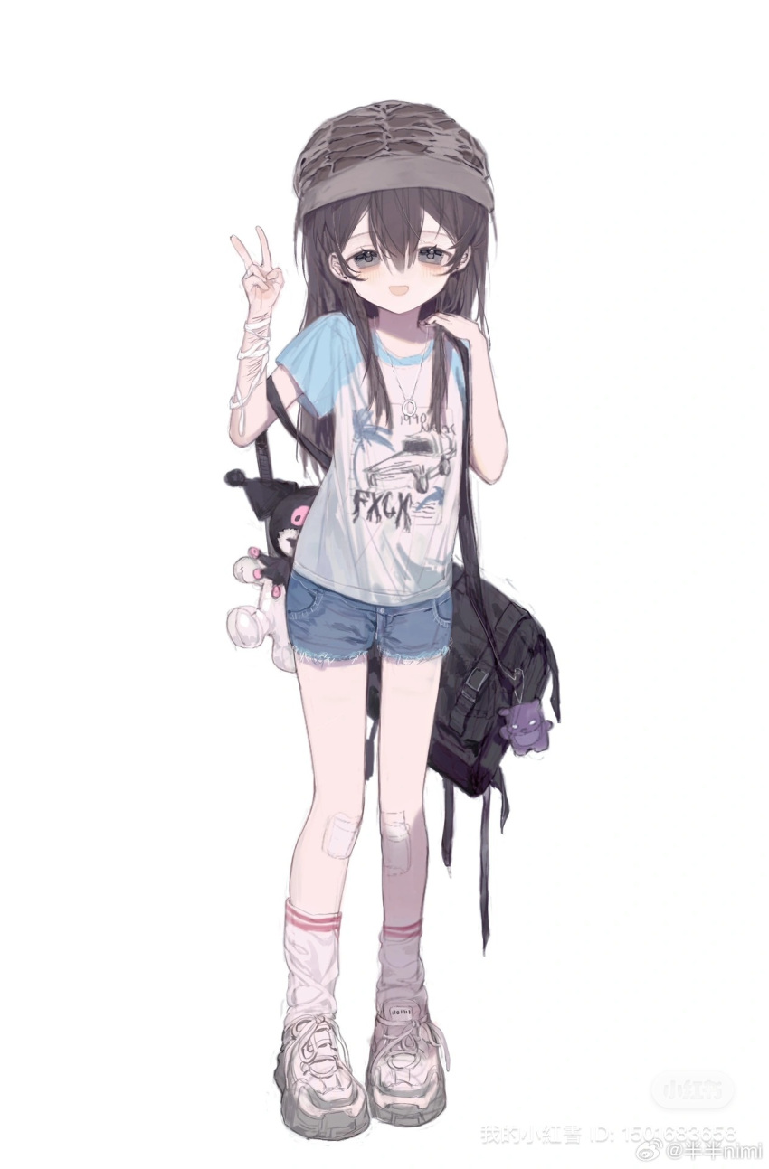 Safebooru - 1girl :d backpack bag bag charm banbanimi bandages bandaid bandaid on knee bandaid ...