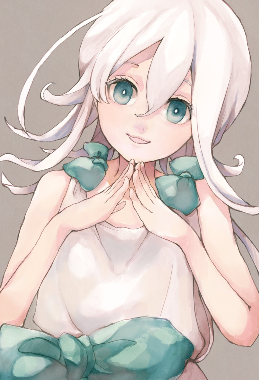 Safebooru - 1girl bright pupils double-parted bangs eyelashes green eyes grey background hair ...