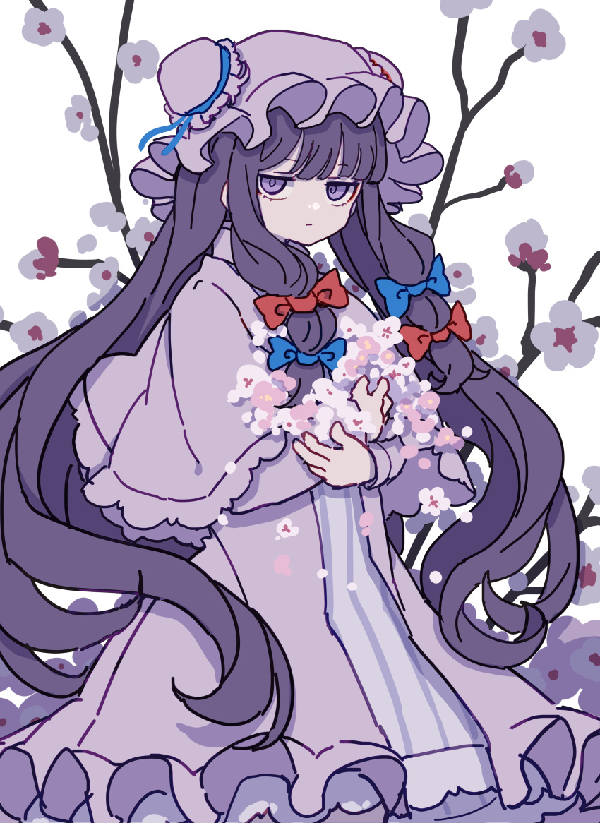 Safebooru - 1girl absurdres blue bow blunt bangs bow bun cover cherry blossoms crescent crescent ...