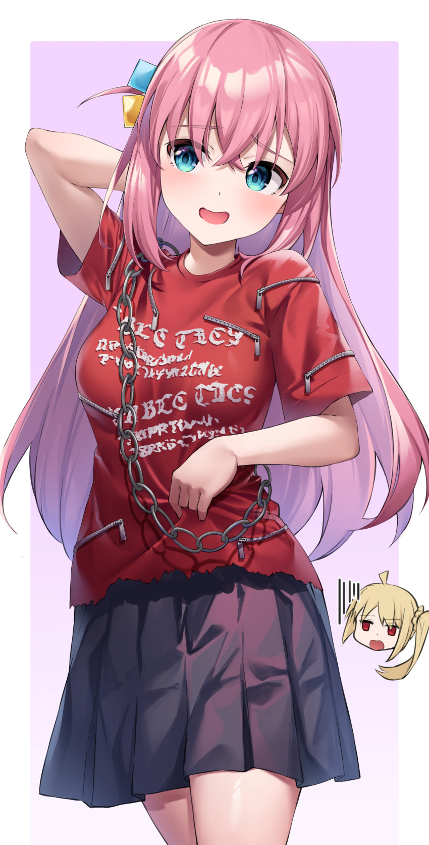 Safebooru - 2girls absurdres arm behind head arm up asymmetrical hair black skirt blonde hair ...