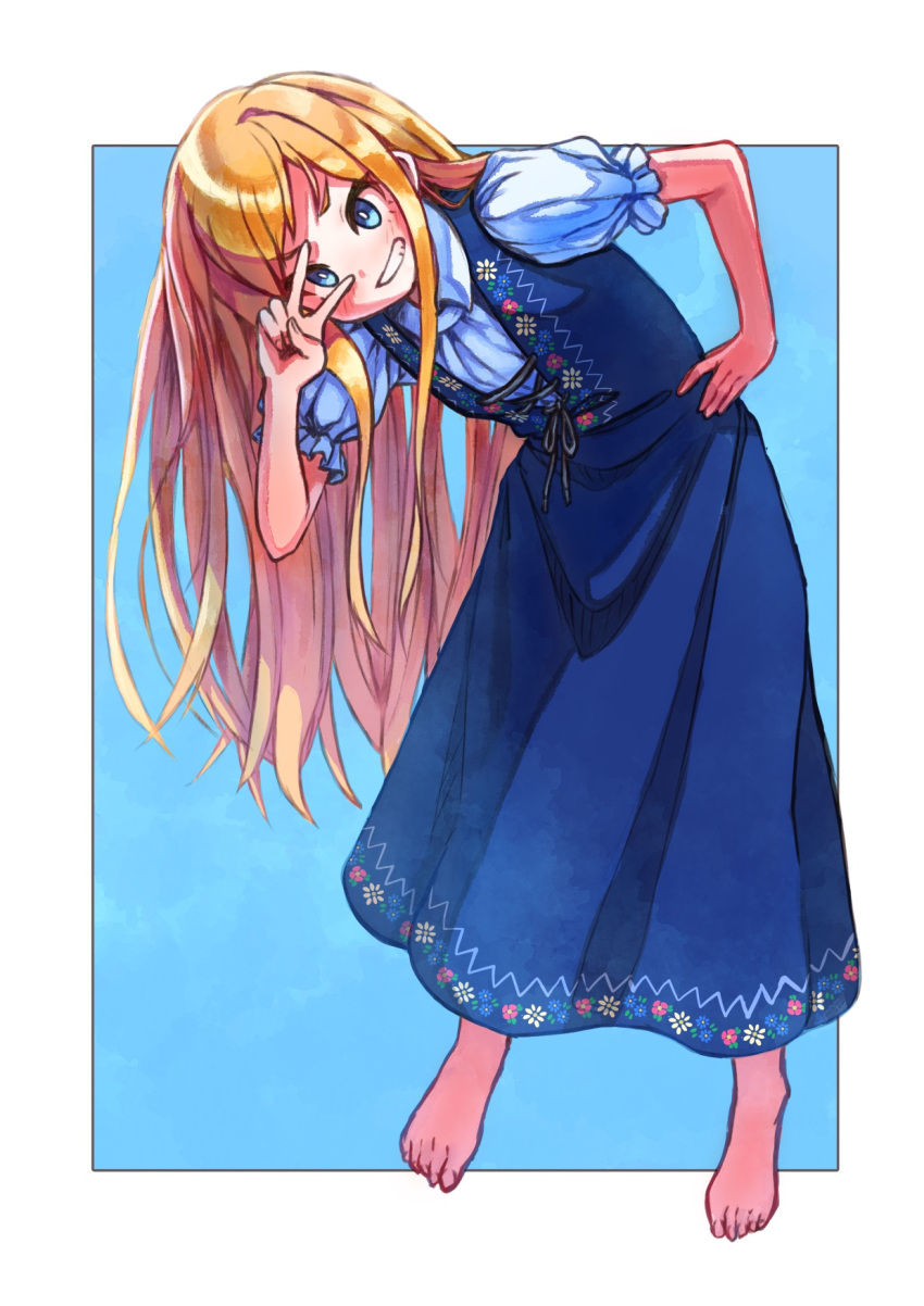 Safebooru - 1girl barefoot blonde hair blue background blue dress blue eyes blush dress floral ...