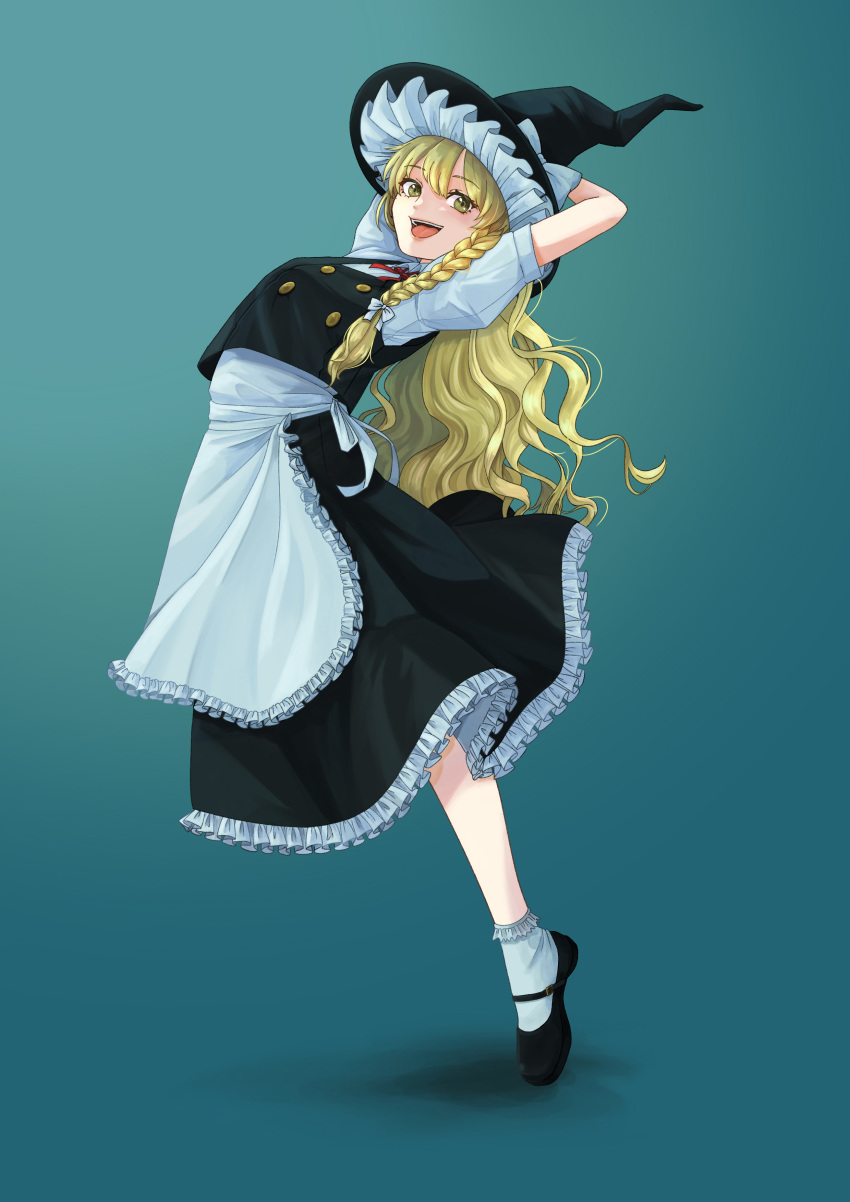 Safebooru - 1girl absurdres apron black dress black headwear blonde hair blue background bow ...