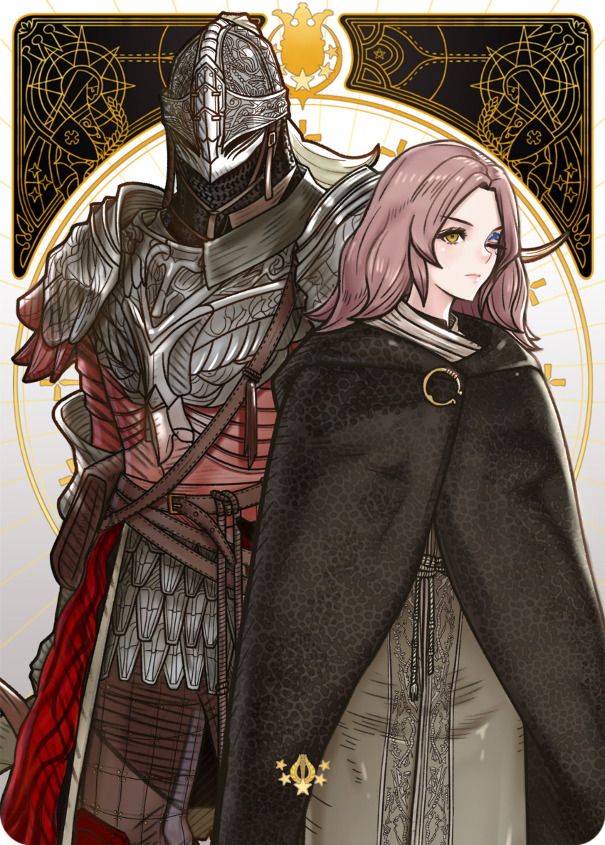 Safebooru - 1boy 1girl absurdres armor brown eyes brown hair cloak ...