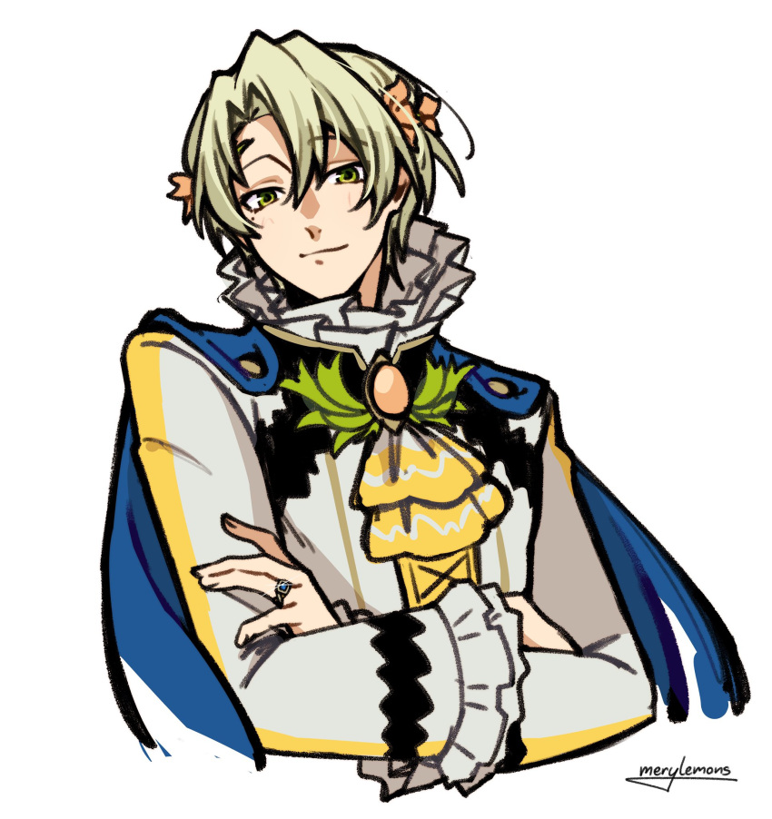 Safebooru - 1boy alfred (fire emblem) artist name ascot blonde hair blue cape cape crossed arms ...