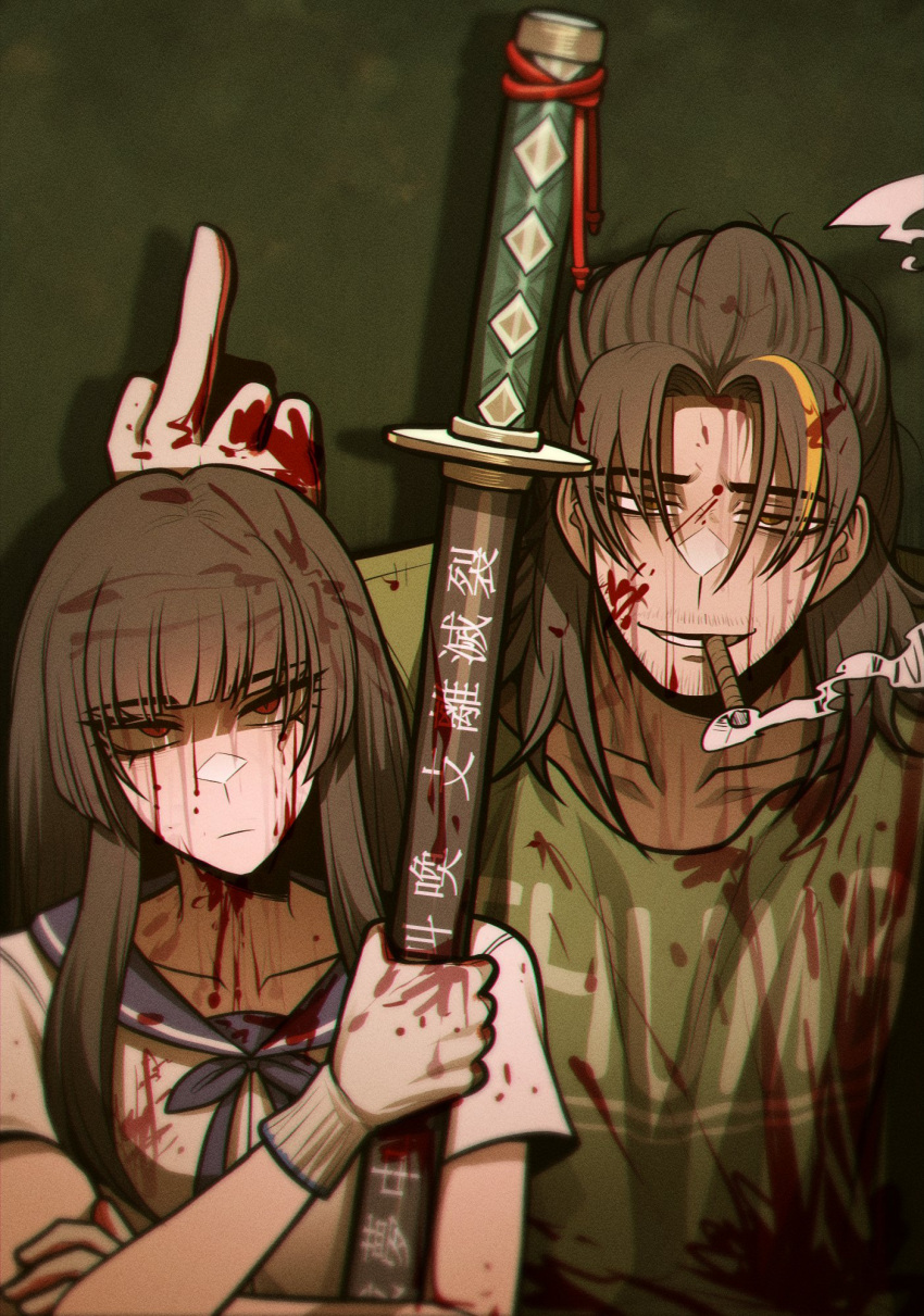 Safebooru - 1boy 1girl black hair blonde hair blood blood in hair blood on clothes blood on face ...