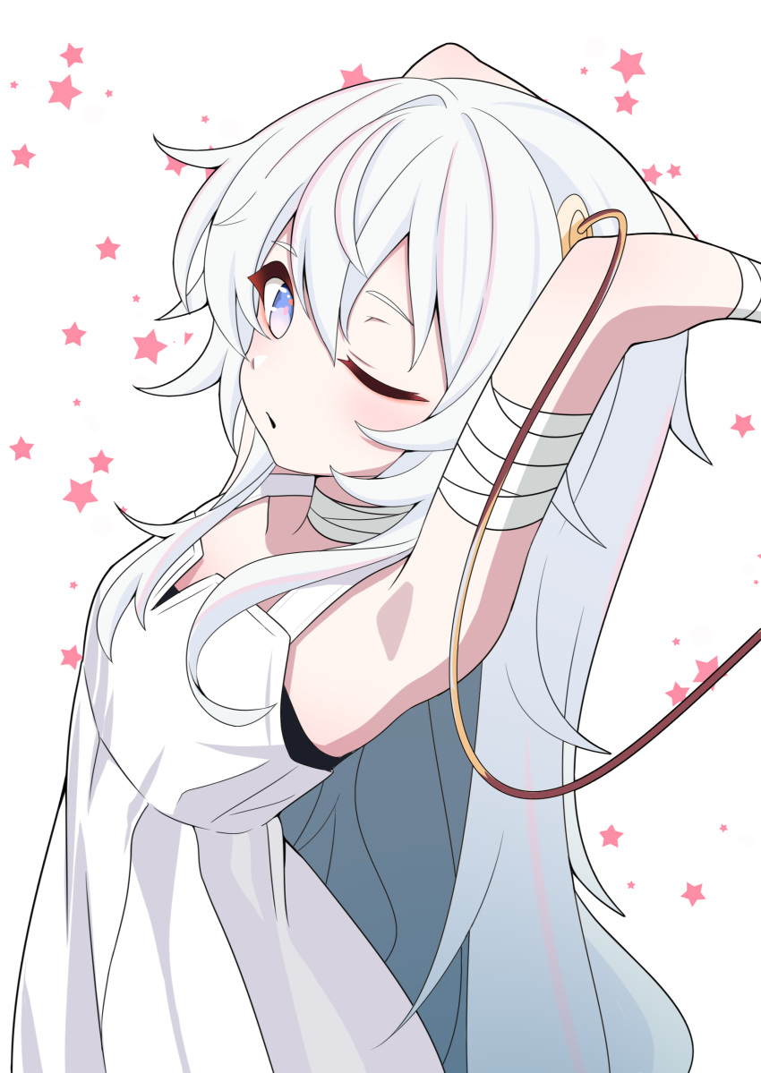 Safebooru - 1girl absurdres armpits arms up bandaged arm bandaged neck bandages blue eyes closed ...
