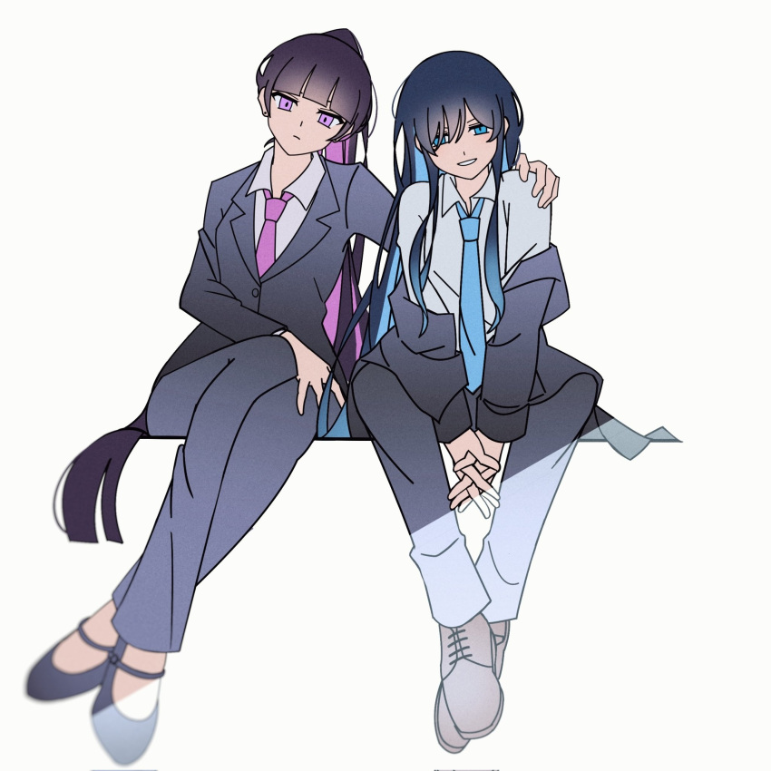 Safebooru - 2girls ado (utaite) black coat black hair black jacket black pants blue eyes blue ...