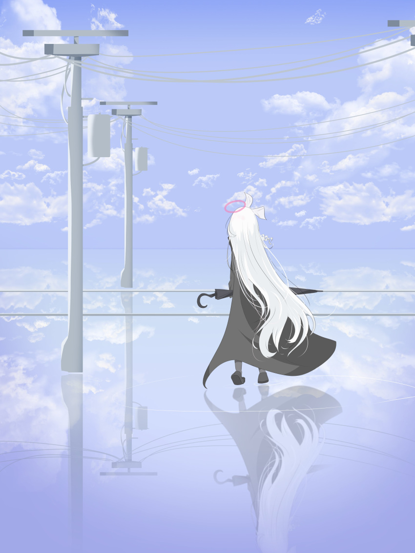 Safebooru - 1girl absurdres black coat black shoes blue archive blue sky closed umbrella clouds ...