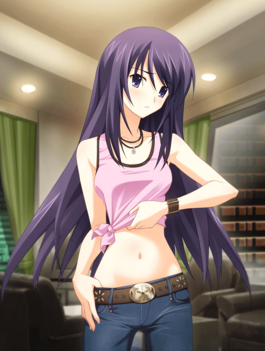 Safebooru - 1girl aoi sena armchair bare shoulders belt belt buckle black collar blue pants ...