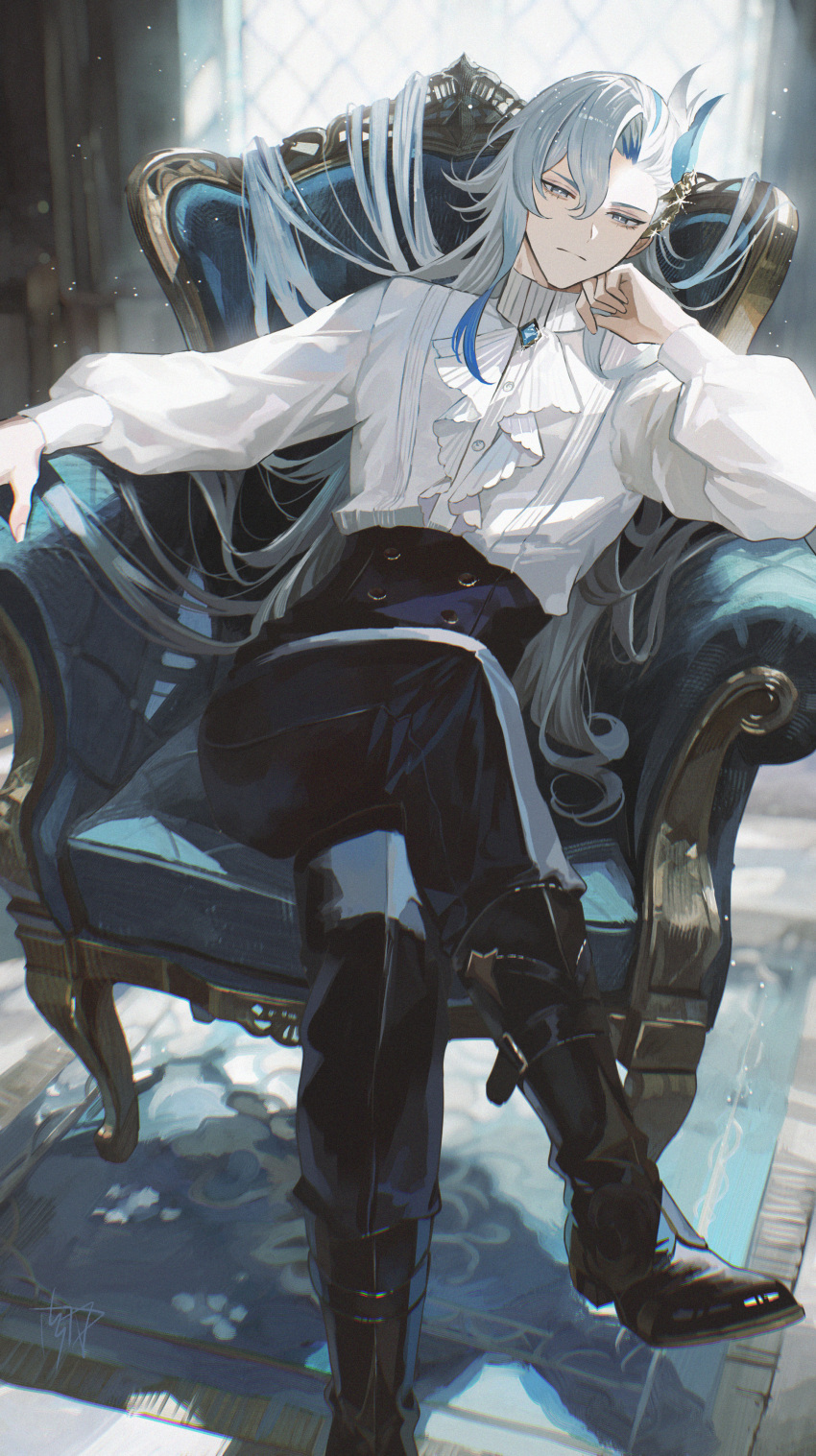 Safebooru - 1boy absurdres black boots black pants blue hair boots bright pupils closed mouth ...