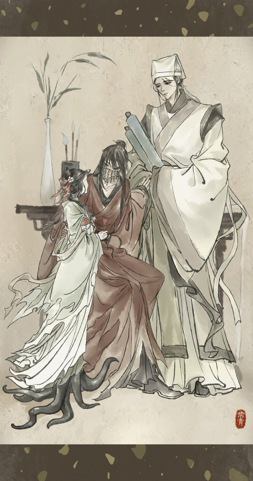 Safebooru - 1girl 2boys absurdres black boots black eyes black hair boots calligraphy brush ...