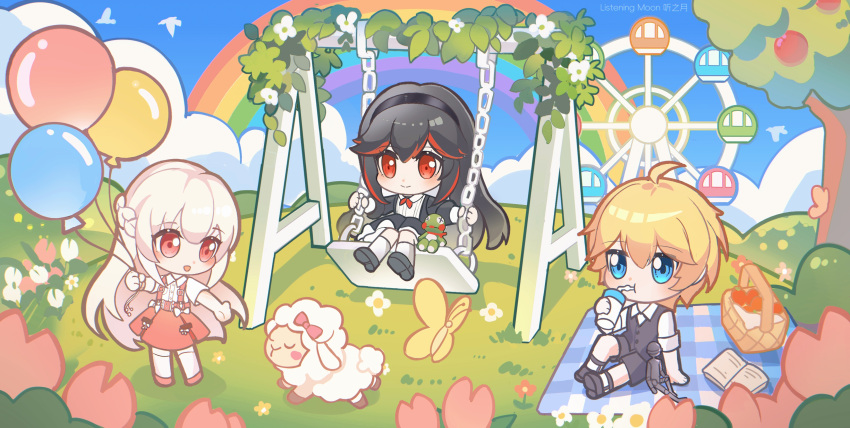 Safebooru - 1boy 2girls absurdres balloon black hair blonde hair blue ...