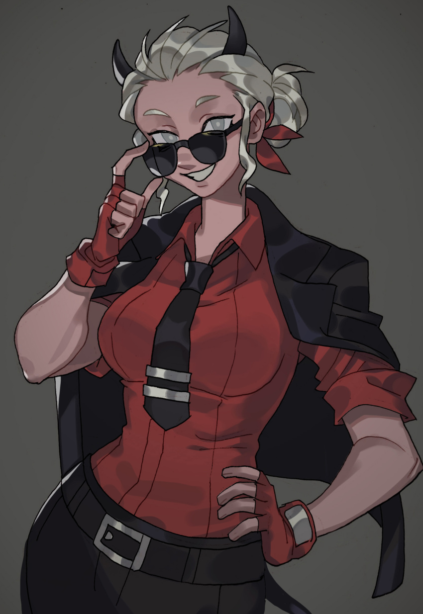 Safebooru - 1girl adjusting eyewear belt black belt black horns black jacket black necktie black ...