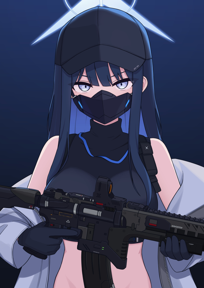 Safebooru - 1girl absurdres bare shoulders baseball cap black mask black shirt blue archive blue ...